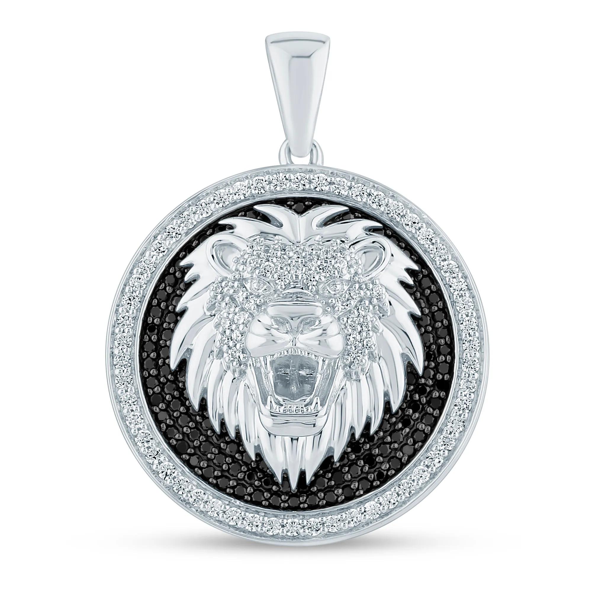 Black and White Diamond Lion Head Medallion Charm in 10K Gold (1 5/8 ct ...