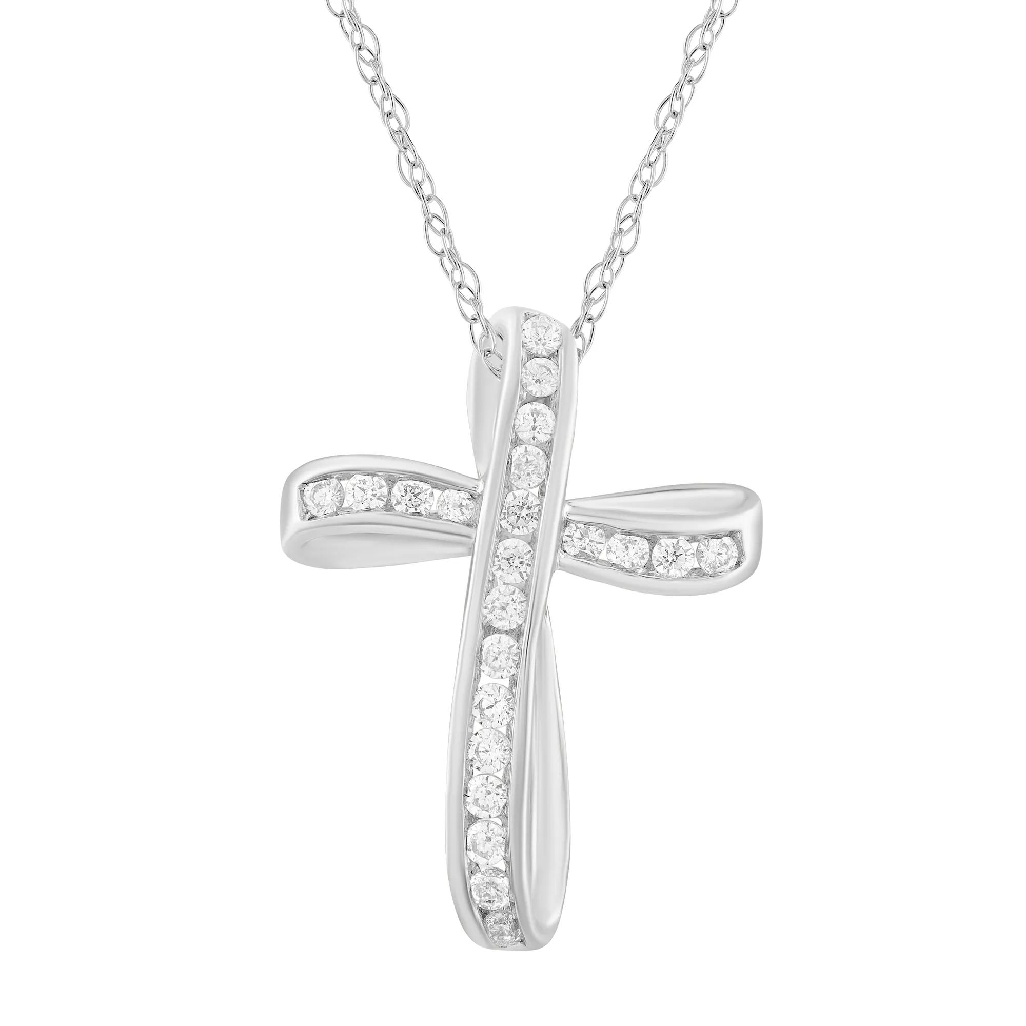 Diamond Twisted Cross Pendant Necklace in 10K White Gold
