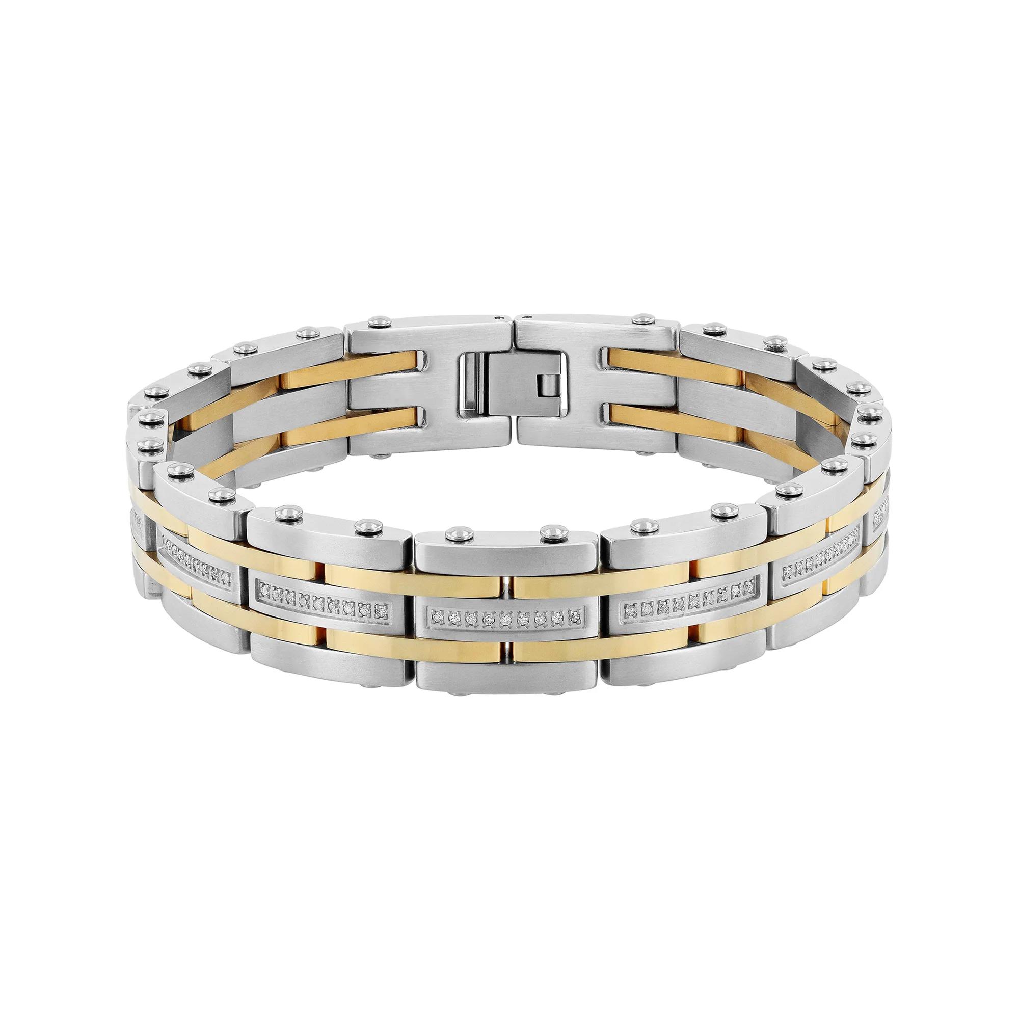 Diamond Square Link Bracelet in Stainless Steel and Yellow Ion-Plated ...