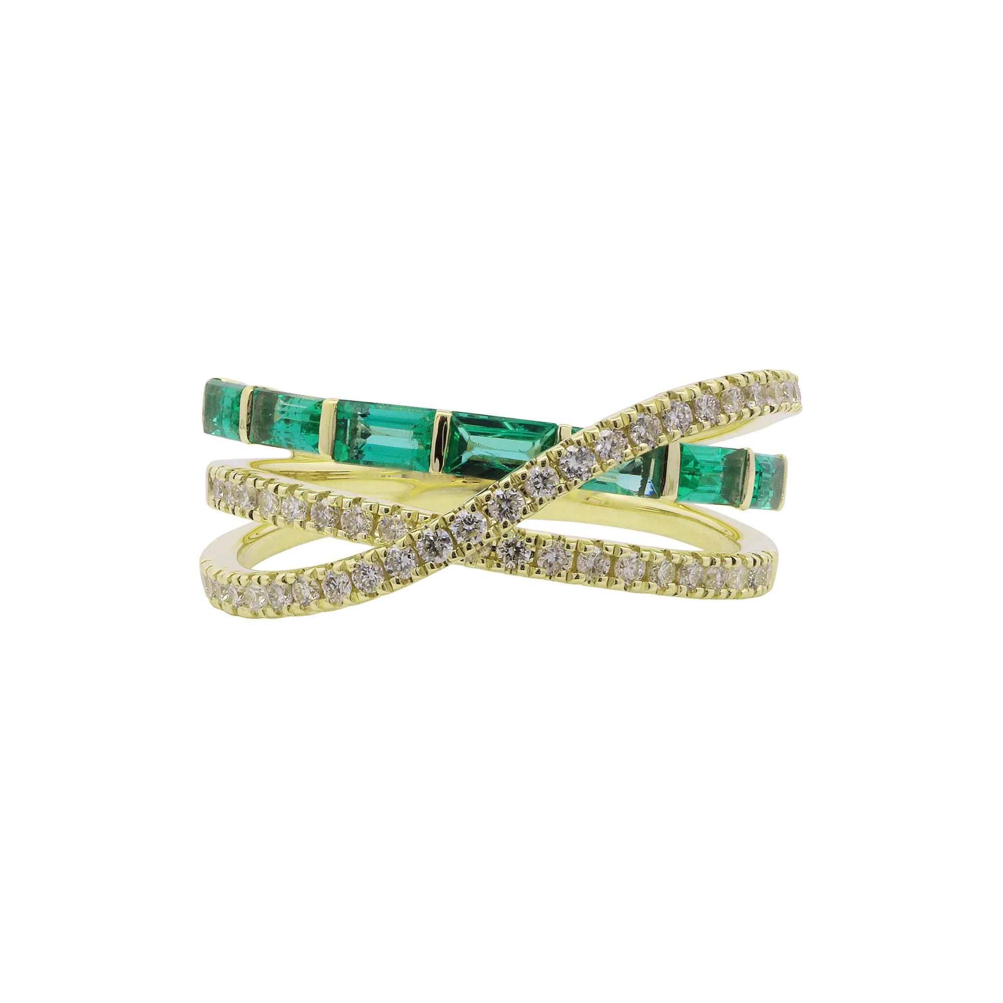 Baguette Emerald & Round Diamond Layer Wrap Ring in 10K Yellow Gold