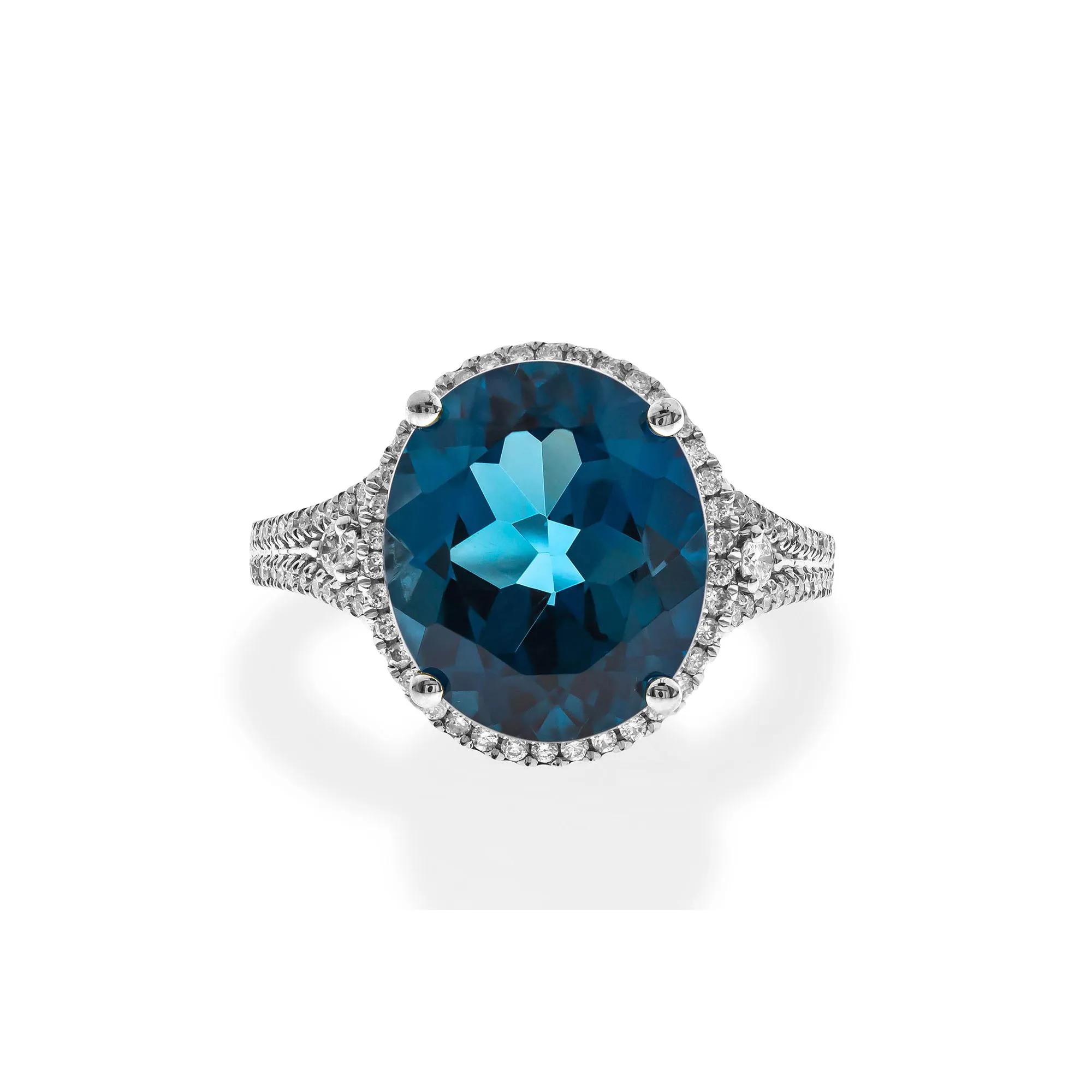 Swiss Blue Topaz Oval & Diamond Ring in 10K White Gold