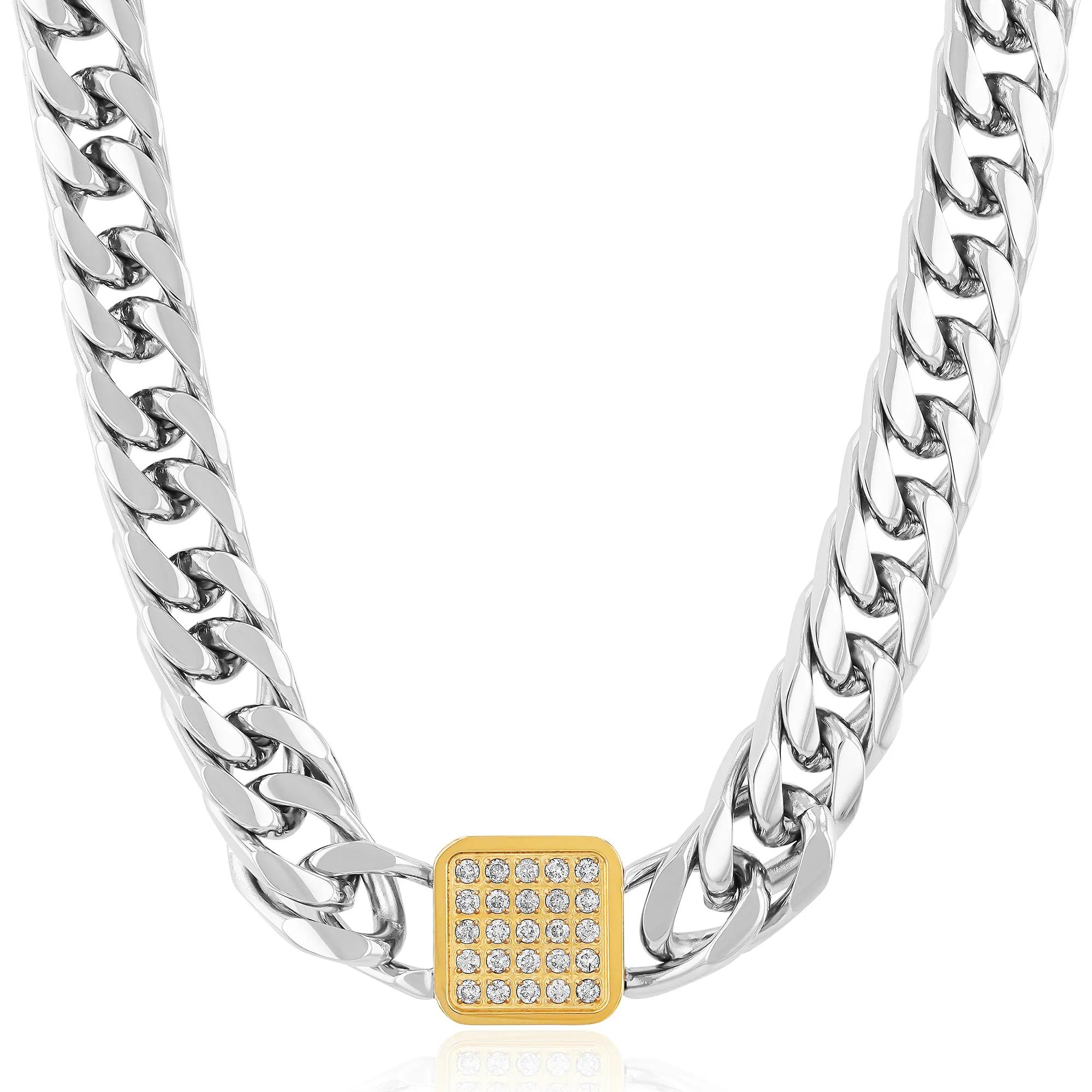 Men’s Curb Chain in Stainless Steel with Diamonds