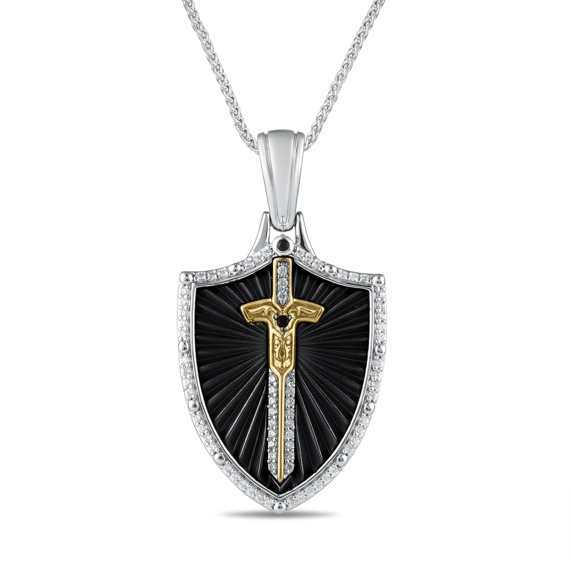 Black and White Diamond Sword and Shield Pendant in Sterling Silver and ...