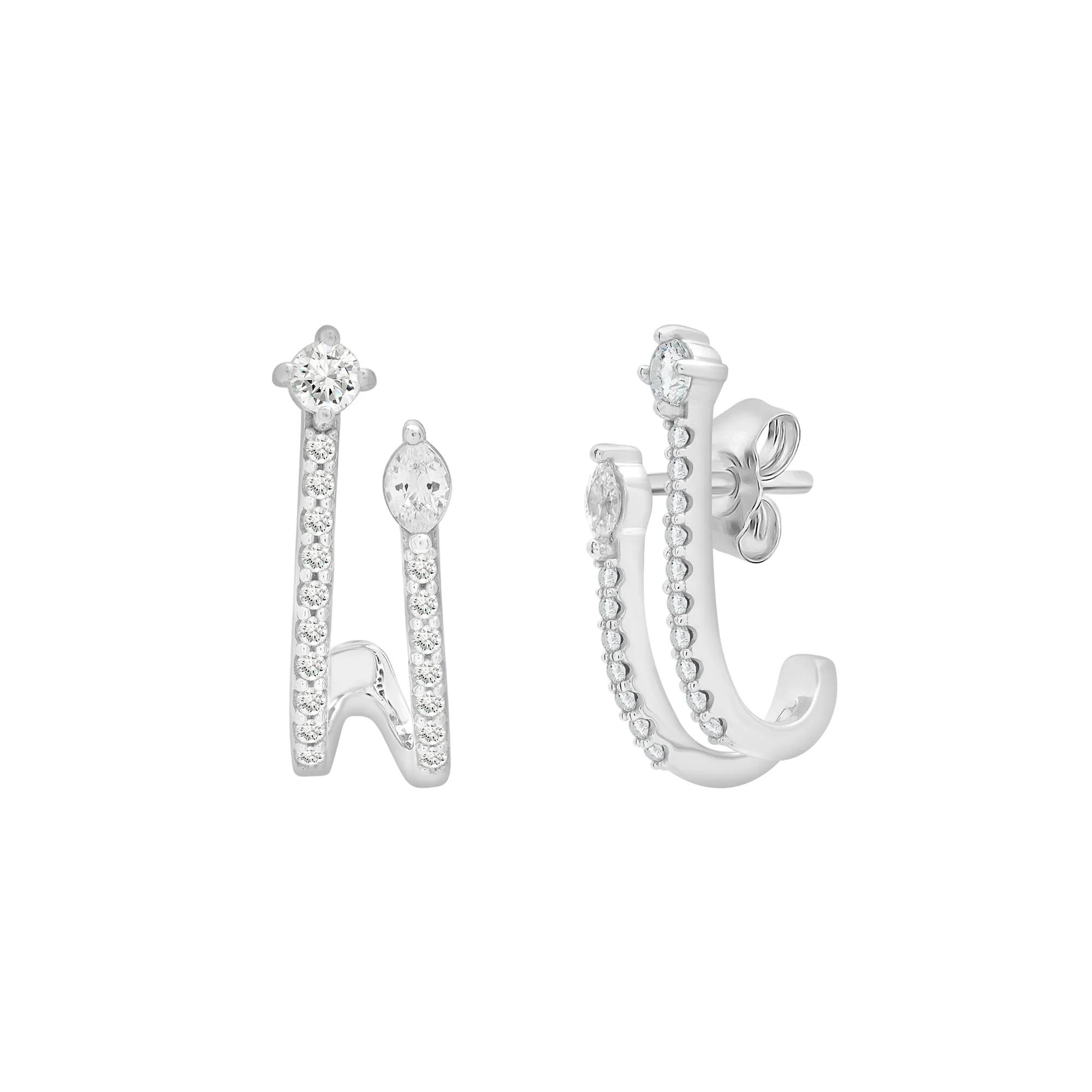 10K White Gold Double Row Diamond J Hoop Earrings