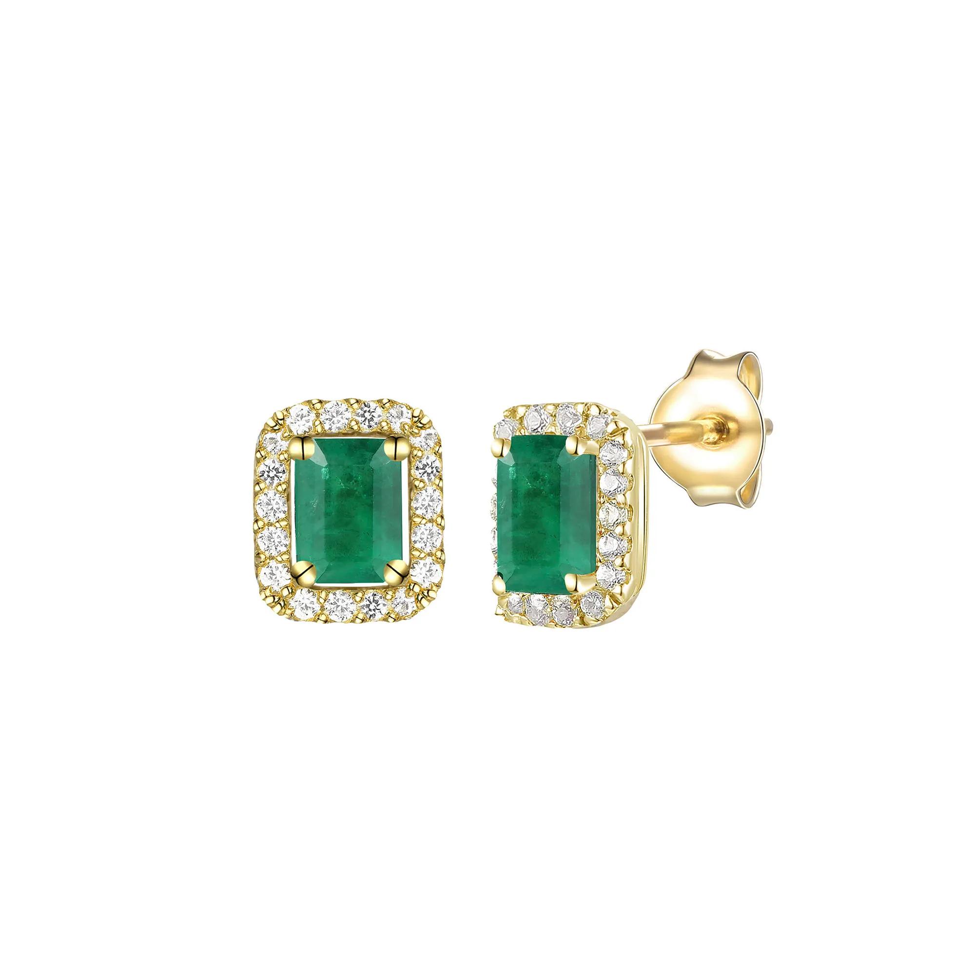 Emerald & Diamond Halo Stud Earrings in 10K Yellow Gold