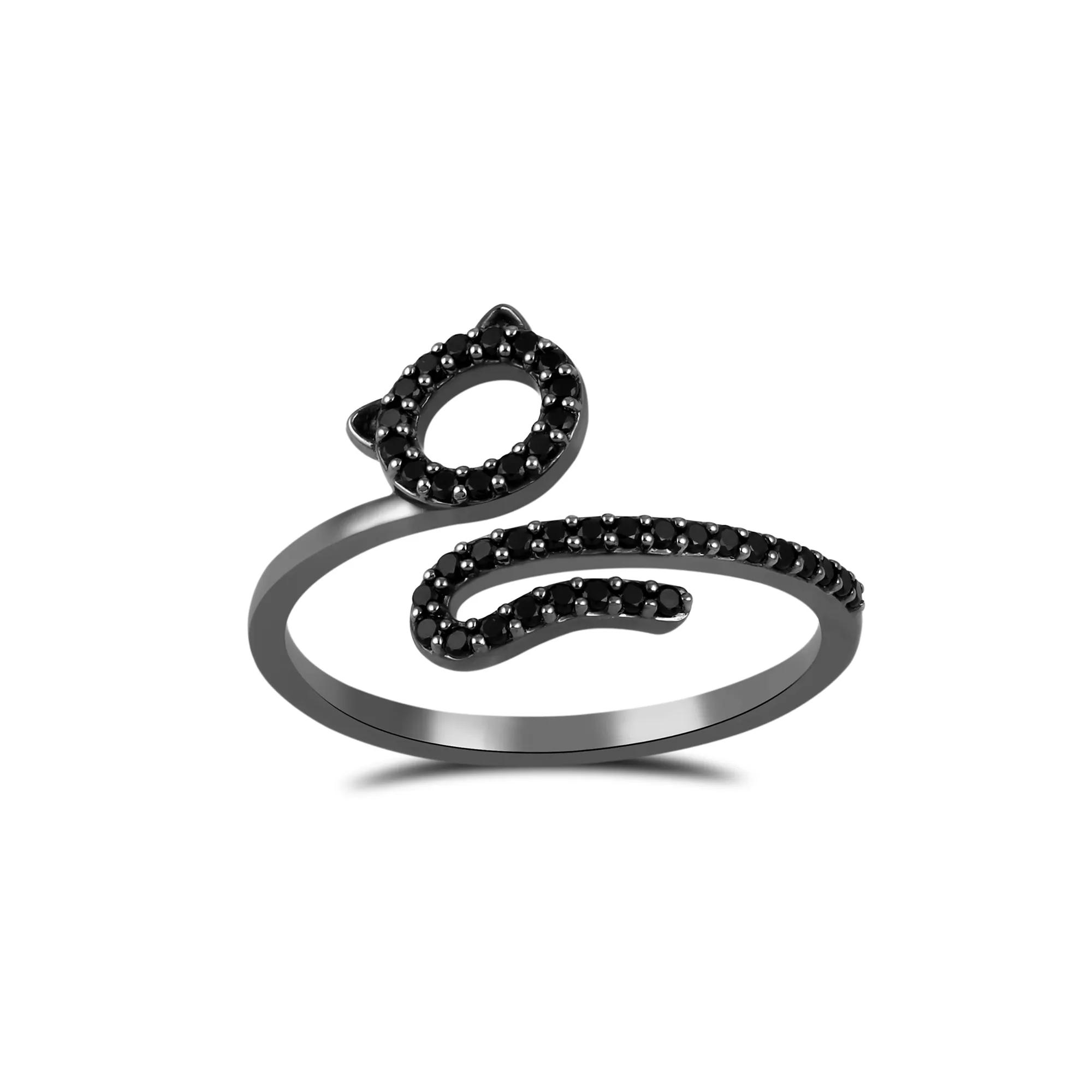 Black Diamond Cat Bypass Ring in Sterling Silver
