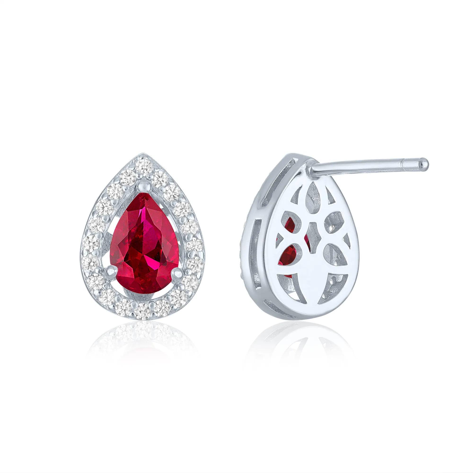 Lab-Created Ruby & Diamond Halo Stud Earrings in Sterling Silver