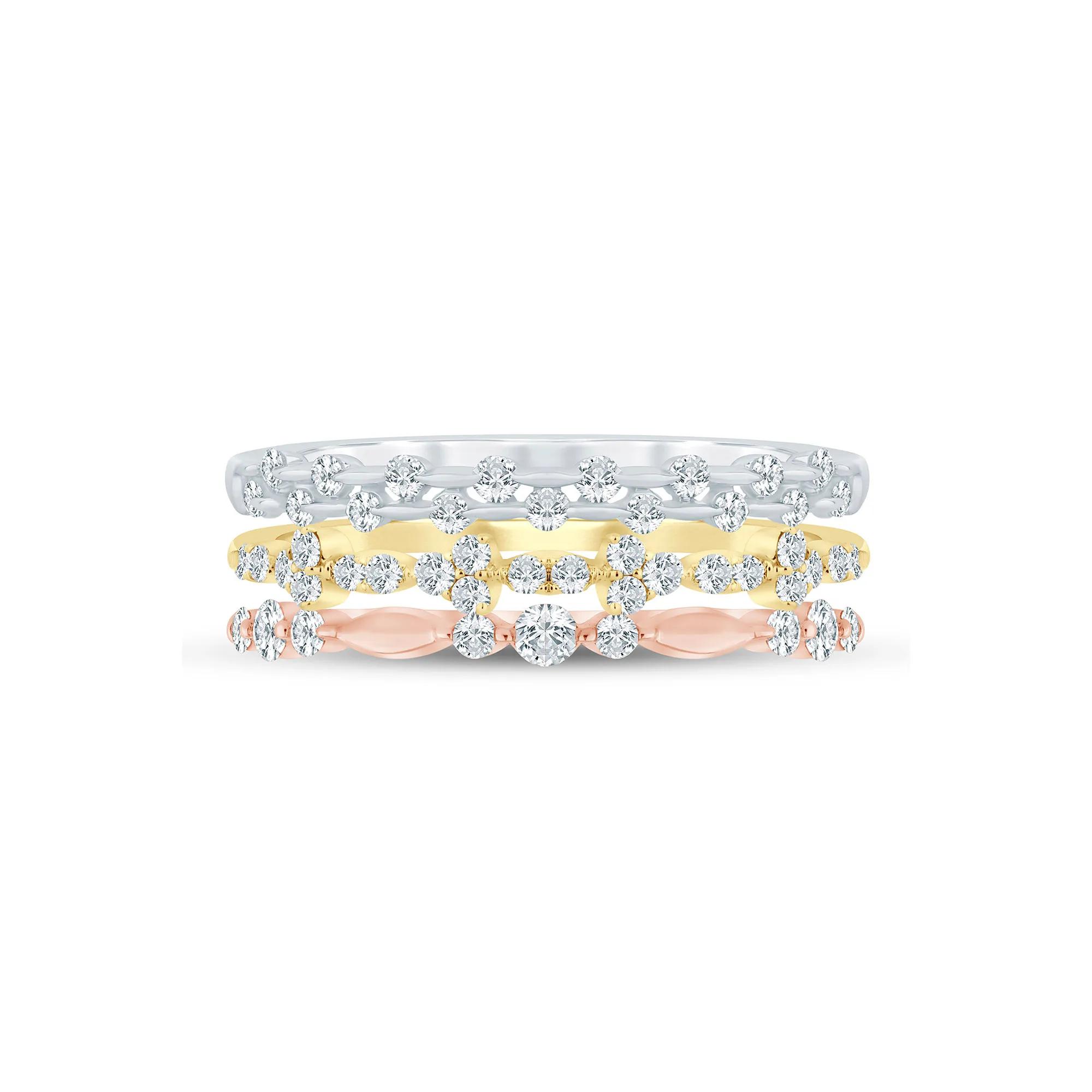 Diamond Three-Piece Stack Ring Set in 14K White, Yellow & Rose Gold