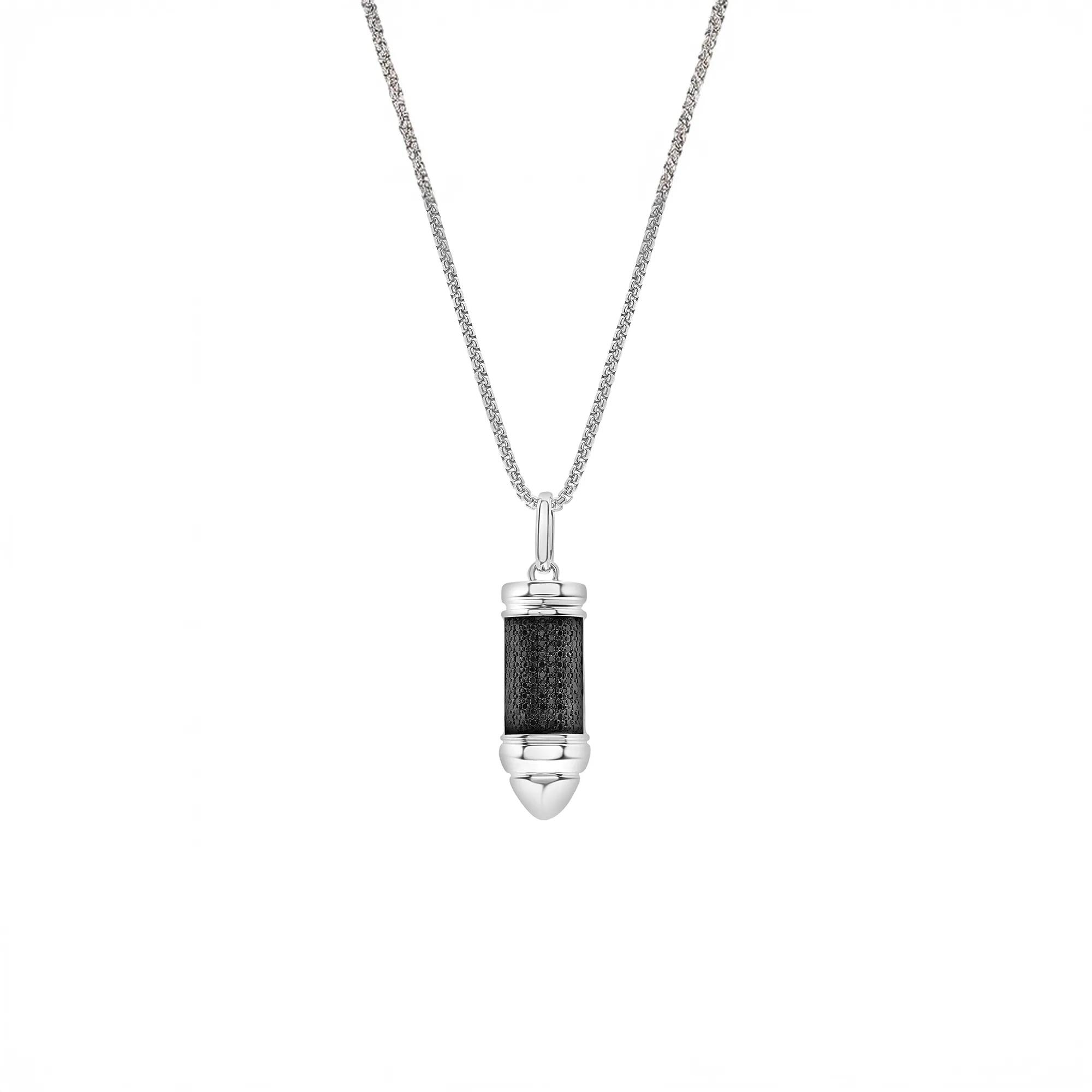 Men's Black Diamond Bullet Pendant Necklace in Sterling Silver