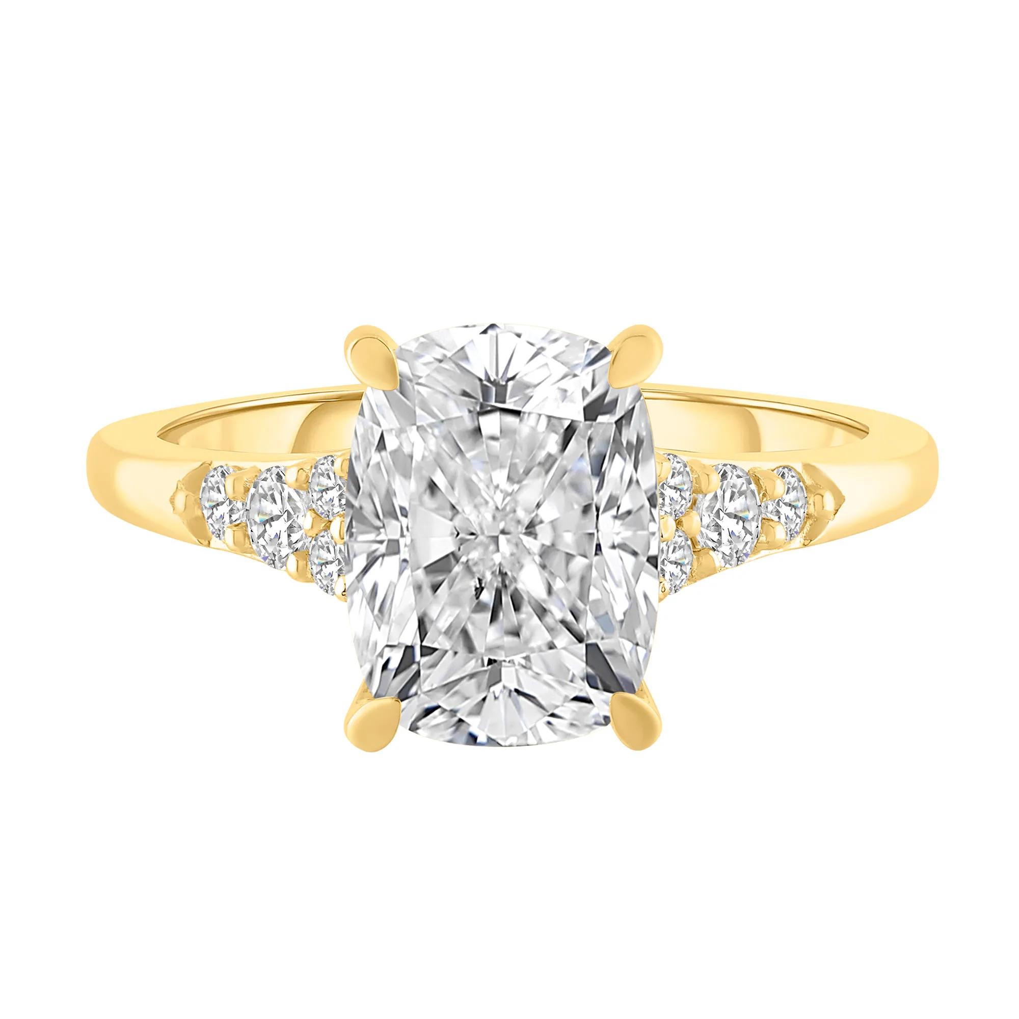 3CT Lab Grown Cushion Diamond Engagement Ring - 14K Yellow Gold