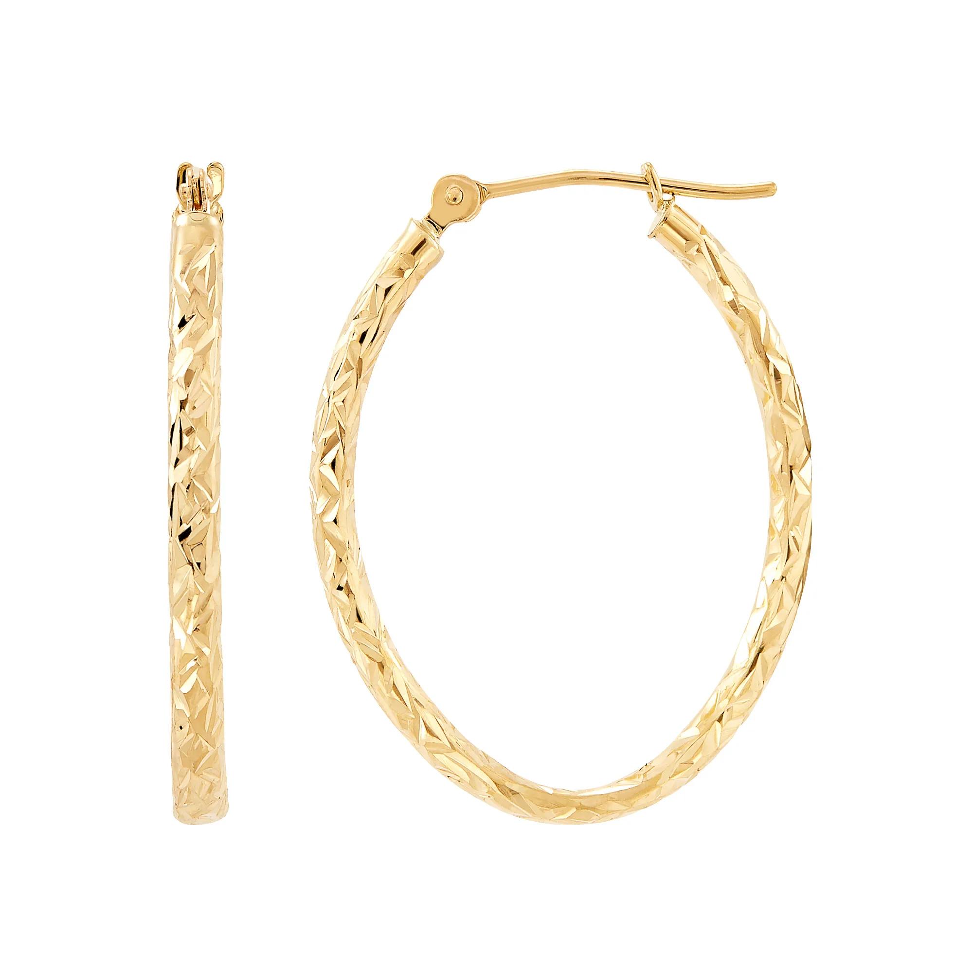 Crystal Cut Oval Hoop Earrings in 10K Yellow Gold