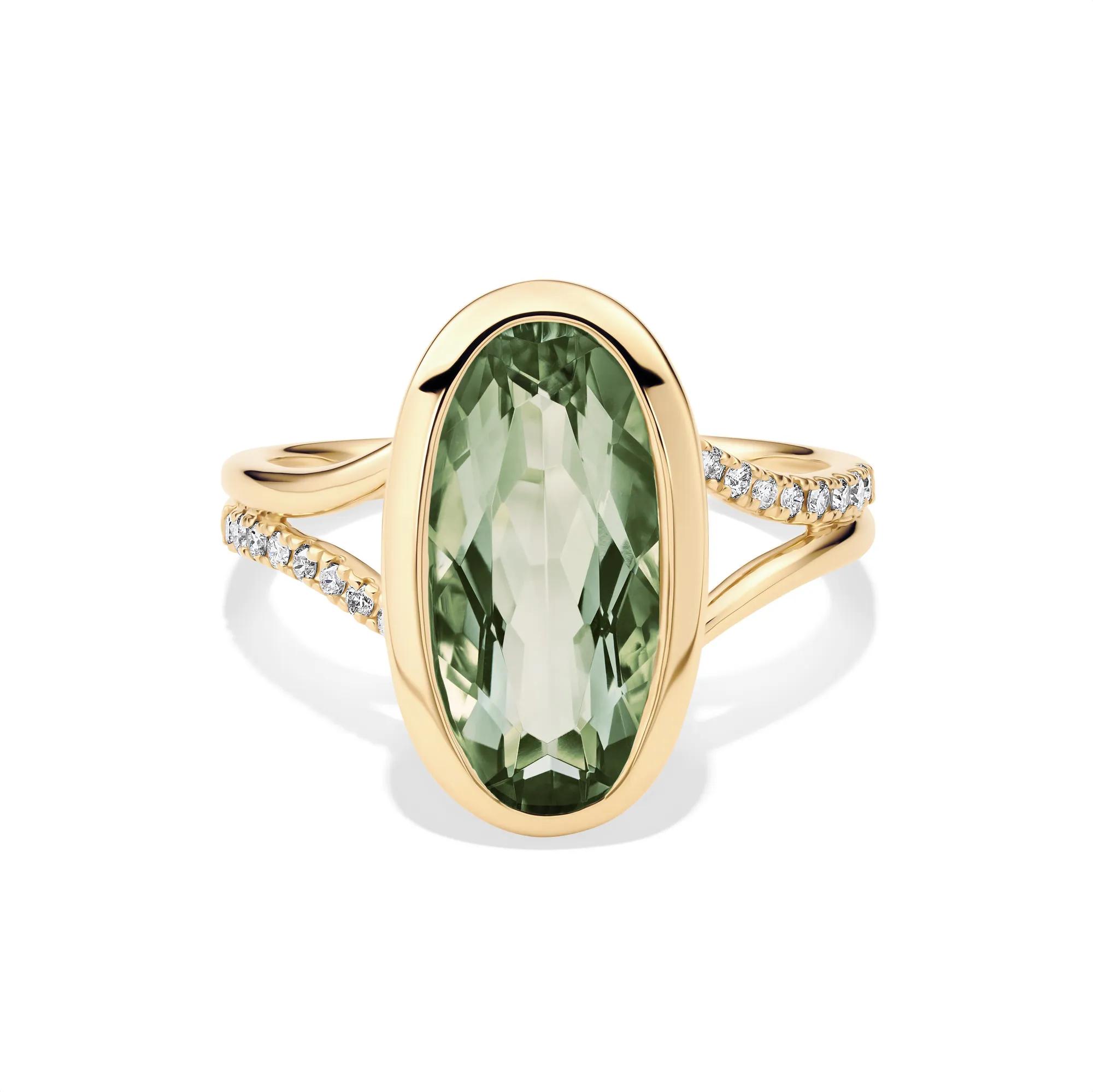 Green Amethyst and Diamond Bezel Ring in 10K Yellow Gold (1/10 ct. tw.)