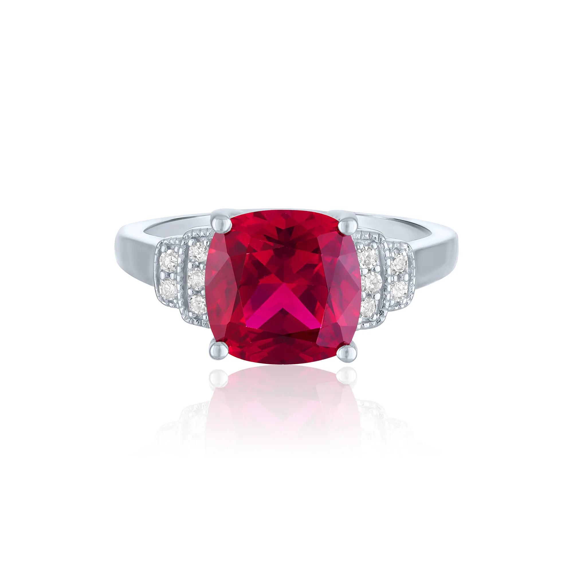 Cushion-Cut Lab-Created Ruby & Diamond Ring in Sterling Silver (1/10 ct ...
