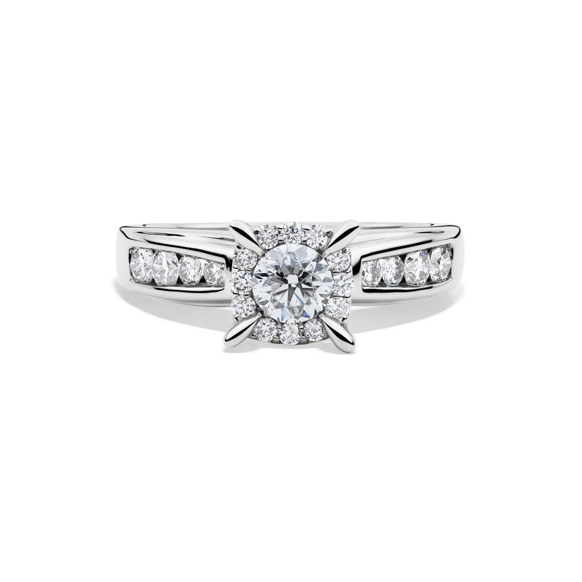 Round Side-Stone Engagement Ring with Halo in 14K Gold