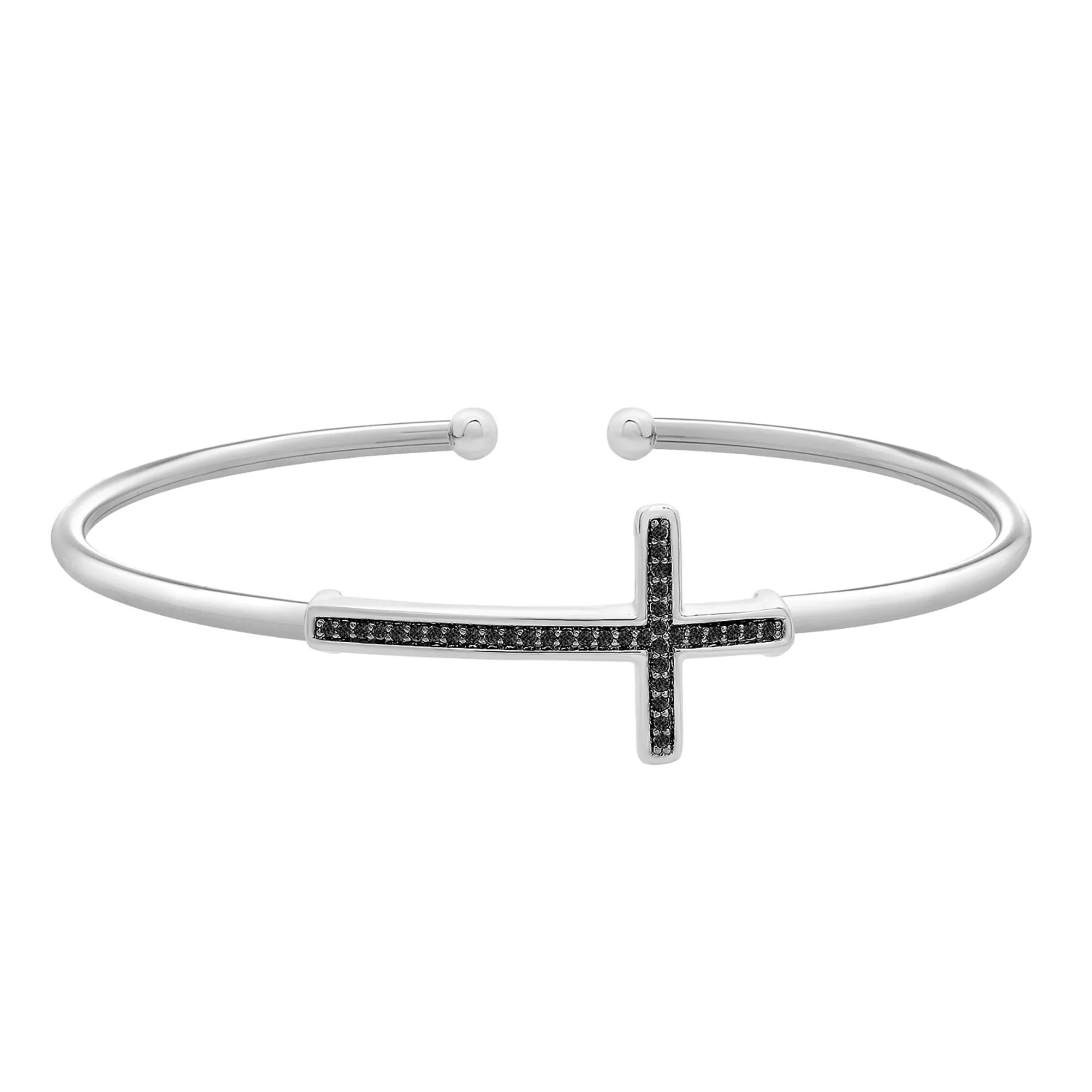 Black Diamond Cross Bangle Bracelet in Sterling Silver (1/10 ct. tw.)