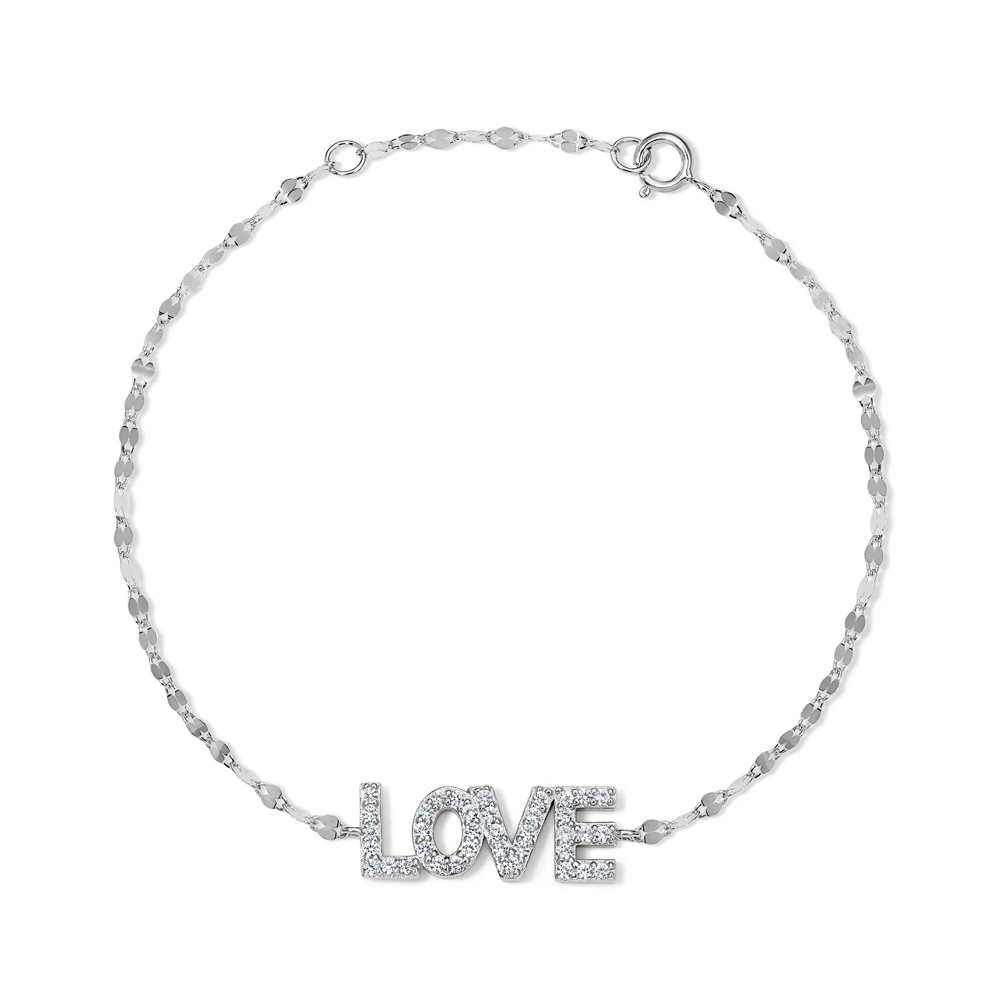 Lab-Created White Sapphire "LOVE" Mirror Chain Bracelet in Sterling Silver