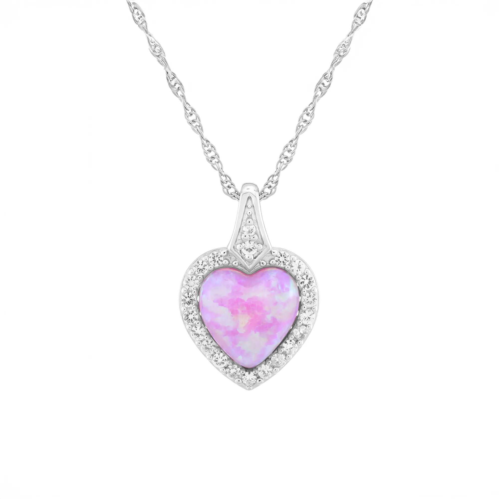 Lab-Created Pink Opal & Lab-Created White Sapphire Halo Heart Pendant ...